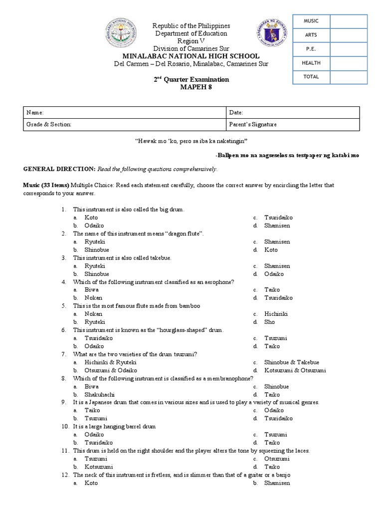 Grade 8 MAPEH 2nd Quarter Exam | PDF | Art