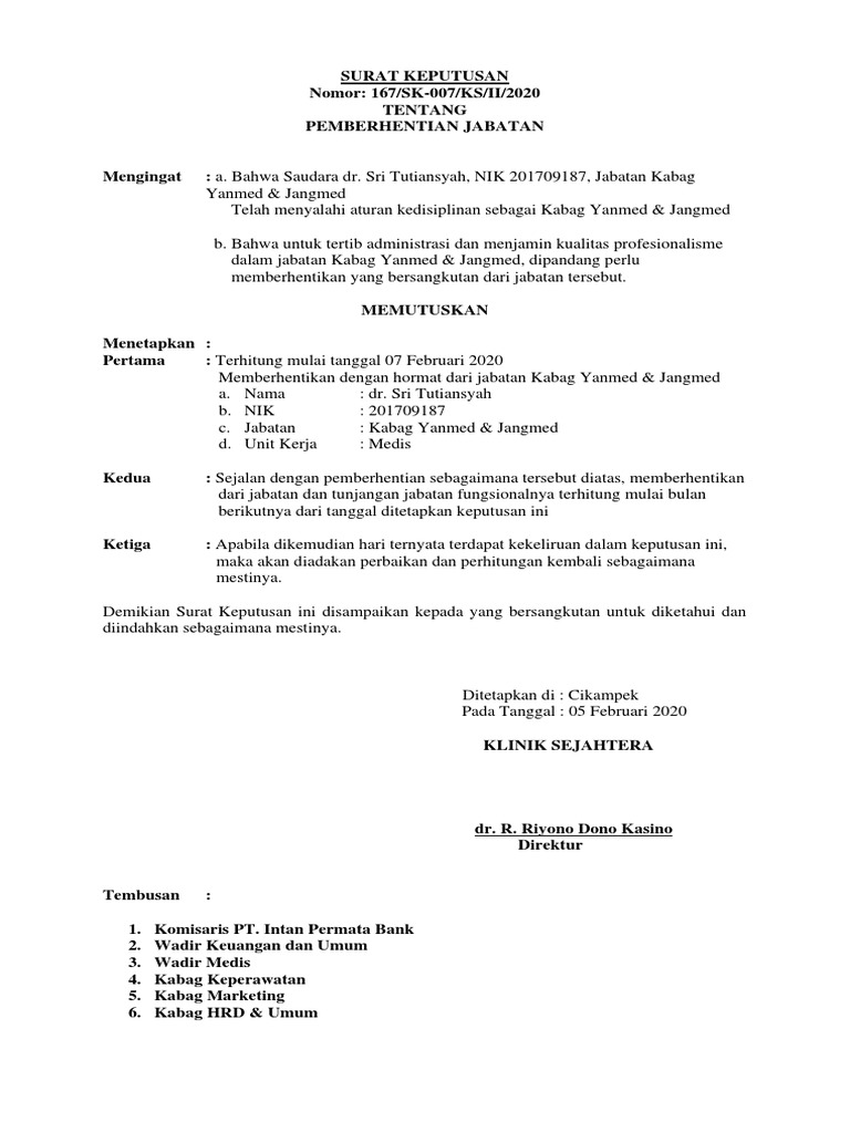 SK Pemberhentian Jabatan | PDF