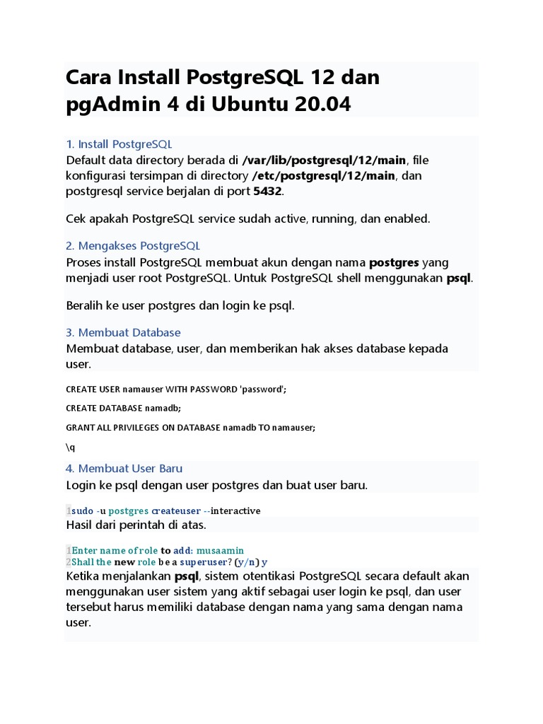 Cara Install PostgreSQL 12 Dan Pgadmin 4 Di Ubuntu 20 | PDF