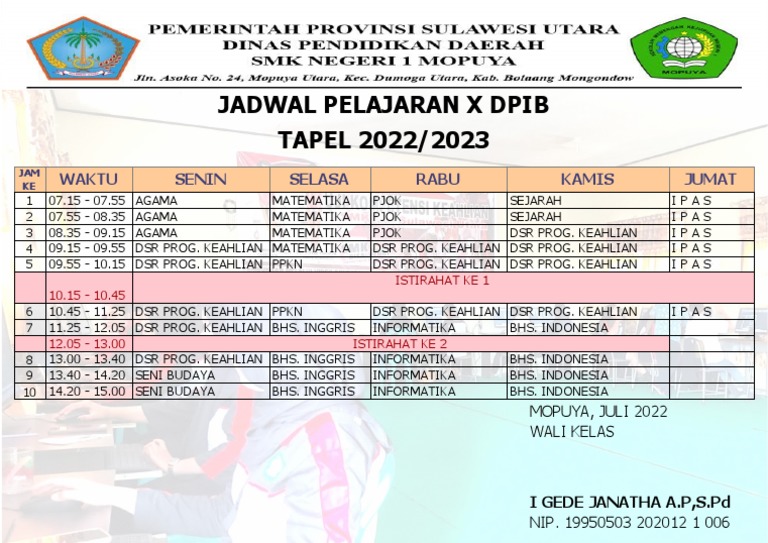 Jadwal Pelajaran X Dpib | PDF