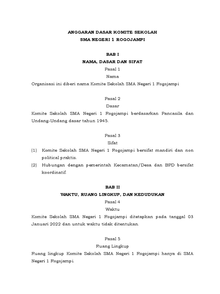 ADART Komite Sekolah SMAN 1 Rogojampi | PDF