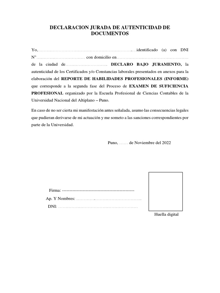 Declaracion Jurada de Autenticidad de Documentos | PDF