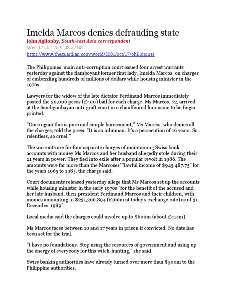 Imelda Marcos Denies Defrauding State | PDF | Crimes | Crime & Violence