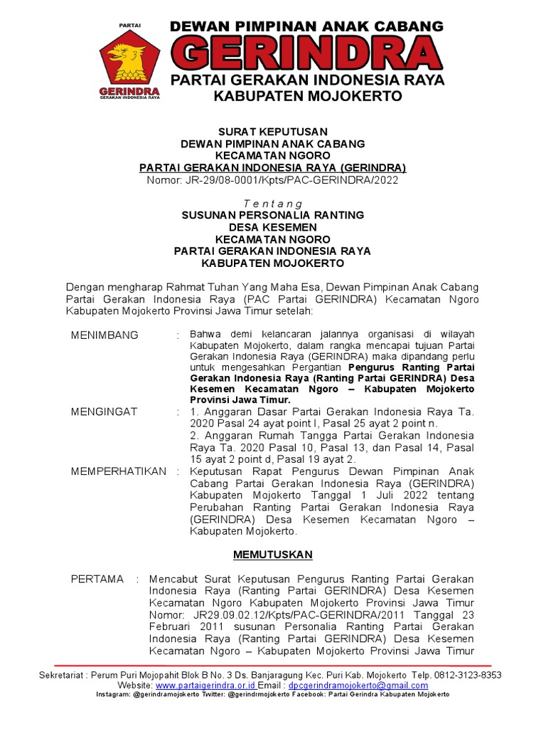 Susunan Pengurus Partai Gerindra Kesemen | PDF