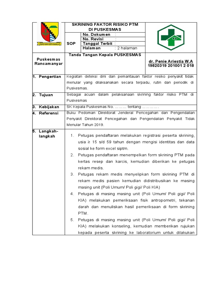 SOP SKRINING PTM Di Dalam Puskesmas | PDF