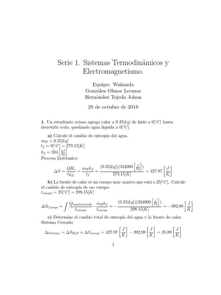 Serie 1 | PDF | Termodinámica | Ingeniería mecánica