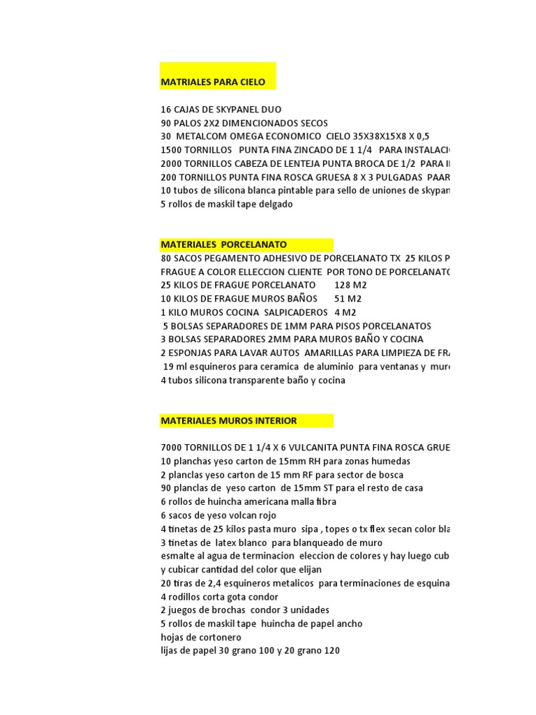 Materiales para proyecto de construcción interior y exterior | PDF ...