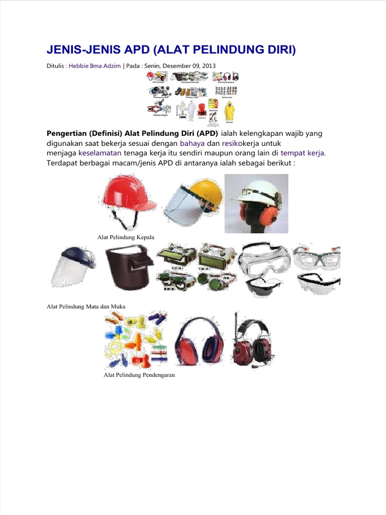 JENIS-JENIS ALAT PELINDUNG DIRI (APD) | PDF