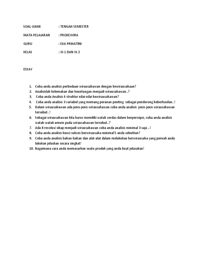 Soal Ujian Prokewira Bu Eka KLS Xi | PDF
