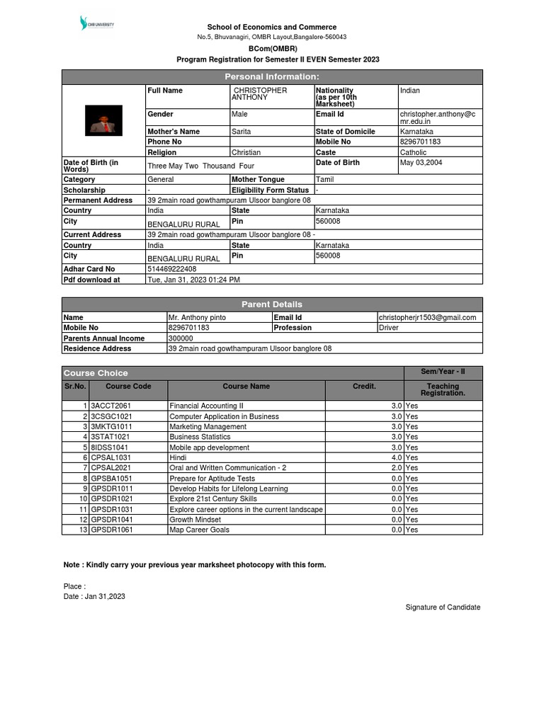 Personal Information:: No.5, Bhuvanagiri, OMBR Layout, Bangalore-560043 ...