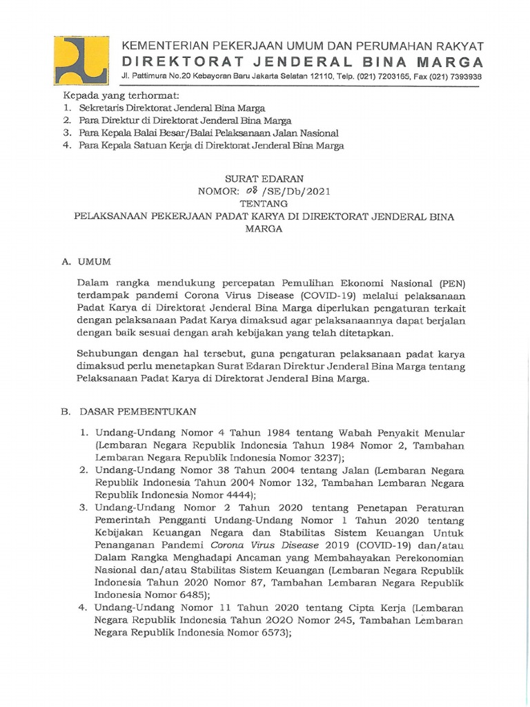 08 SE DB 2021 Surat Edaran Tentang Pelaksanaan Padat Karya Di Direktorat Jenderal Bina Marga | PDF