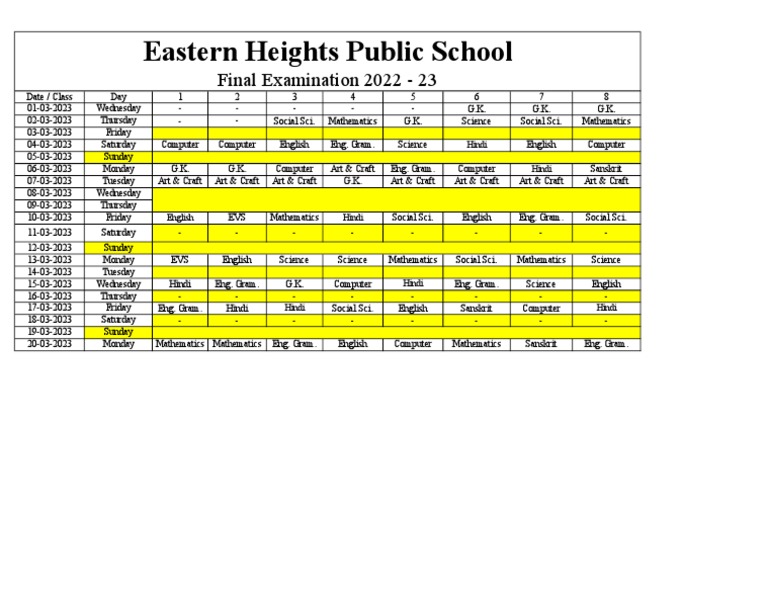 Corrected Time Table of Term 3 Class 1 To 8 | PDF