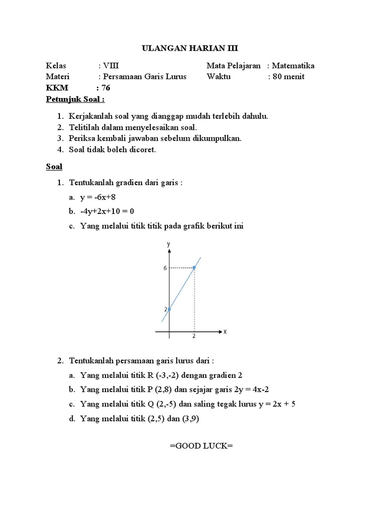 Ulangan Harian Iii Persamaan Garis Lurus | PDF