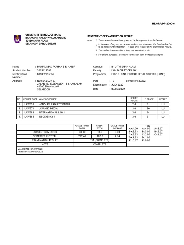 Universiti Teknologi Mara - Examination Result | PDF