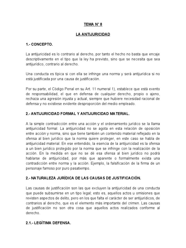 Tema N 8 La Antijuricidad | PDF | Crímenes | Crimen y violencia