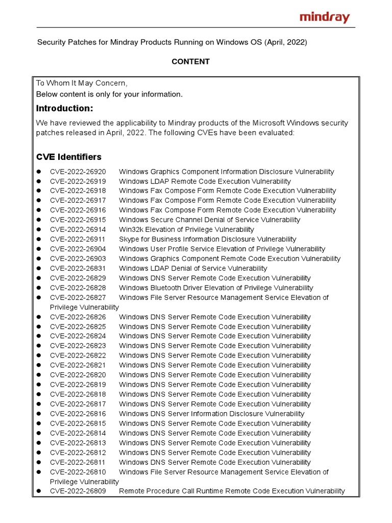 Mindray Products Running On Windows Os Apr 2022 | PDF | Microsoft ...