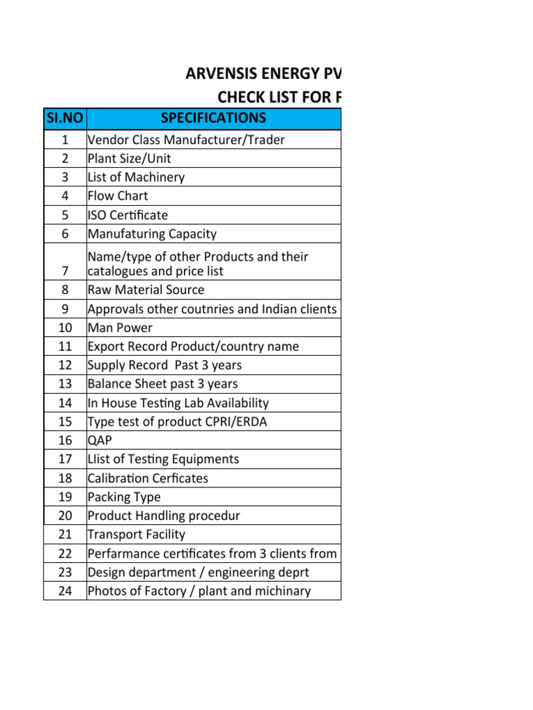 Factory Visit Checklist for Arvensis Energy | PDF