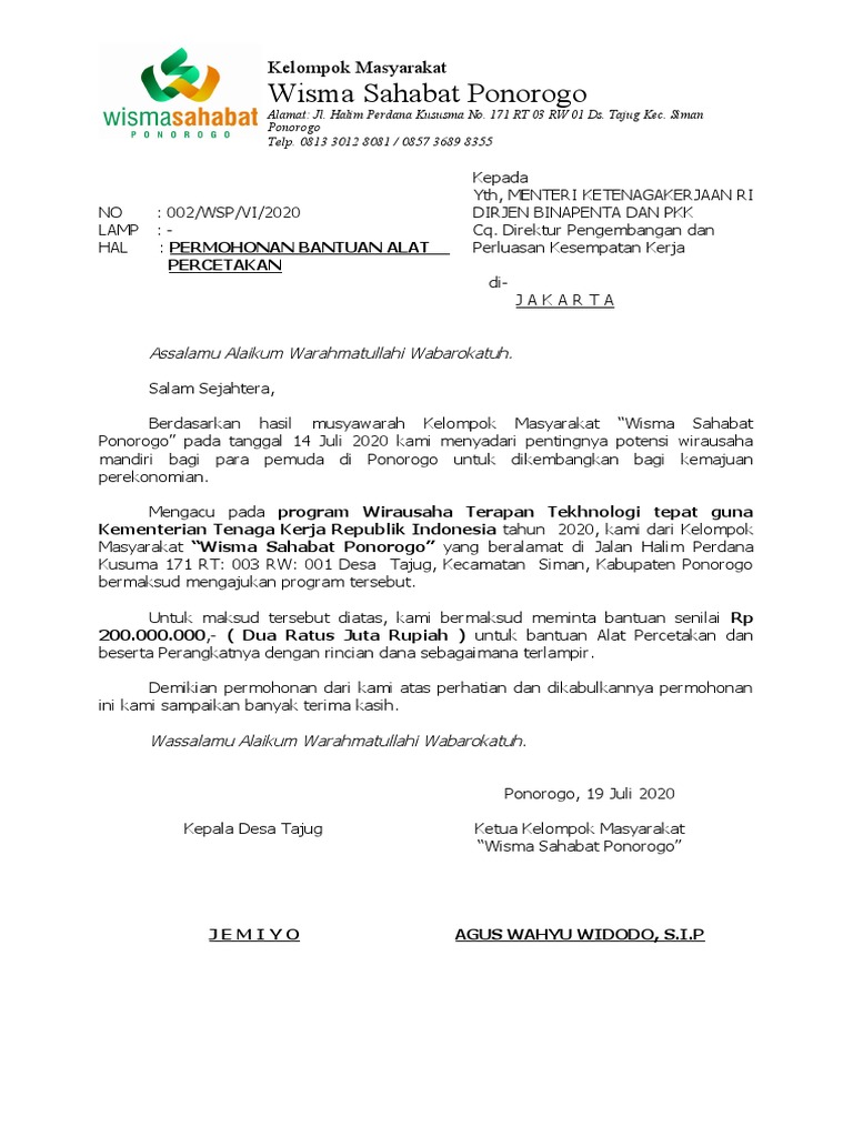 WSP - Surat Permohonan Bantuan Sarpras | PDF