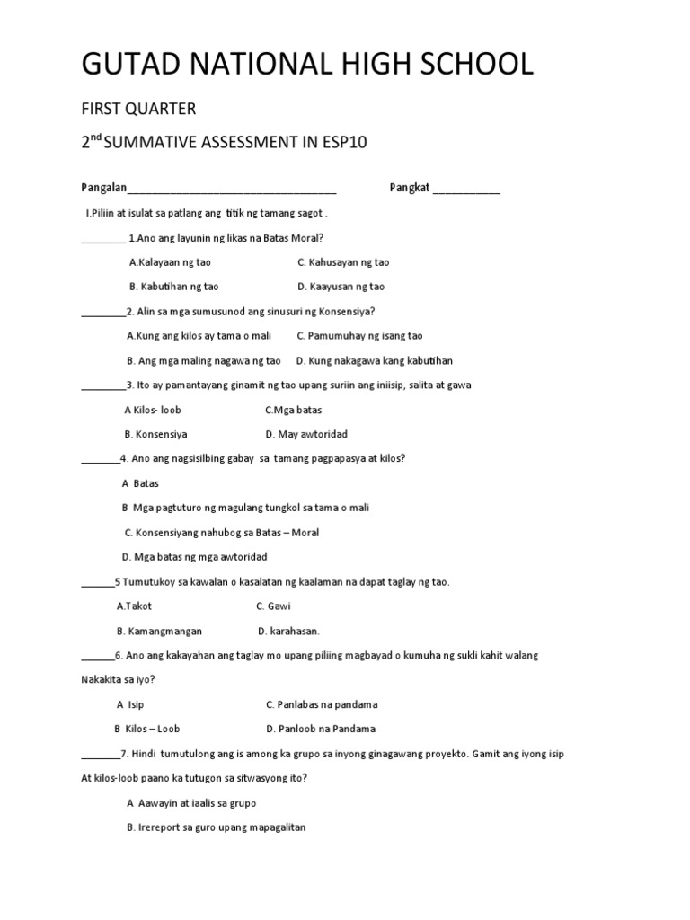 Esp 2ND Summative | PDF
