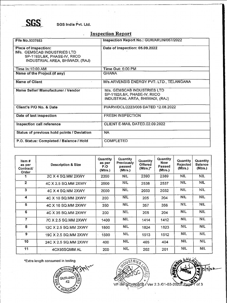 Inspection Test Report For W.O.No. LT-B220583 (Arvensis Energy Pvt. LTD ...
