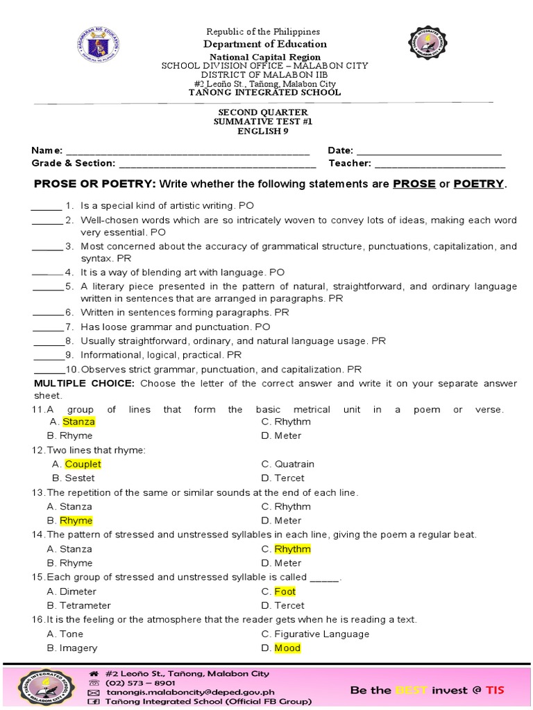 PROSE OR POETRY: Write Whether The Following Statements Are PROSE or POETRY | PDF | Poetry ...