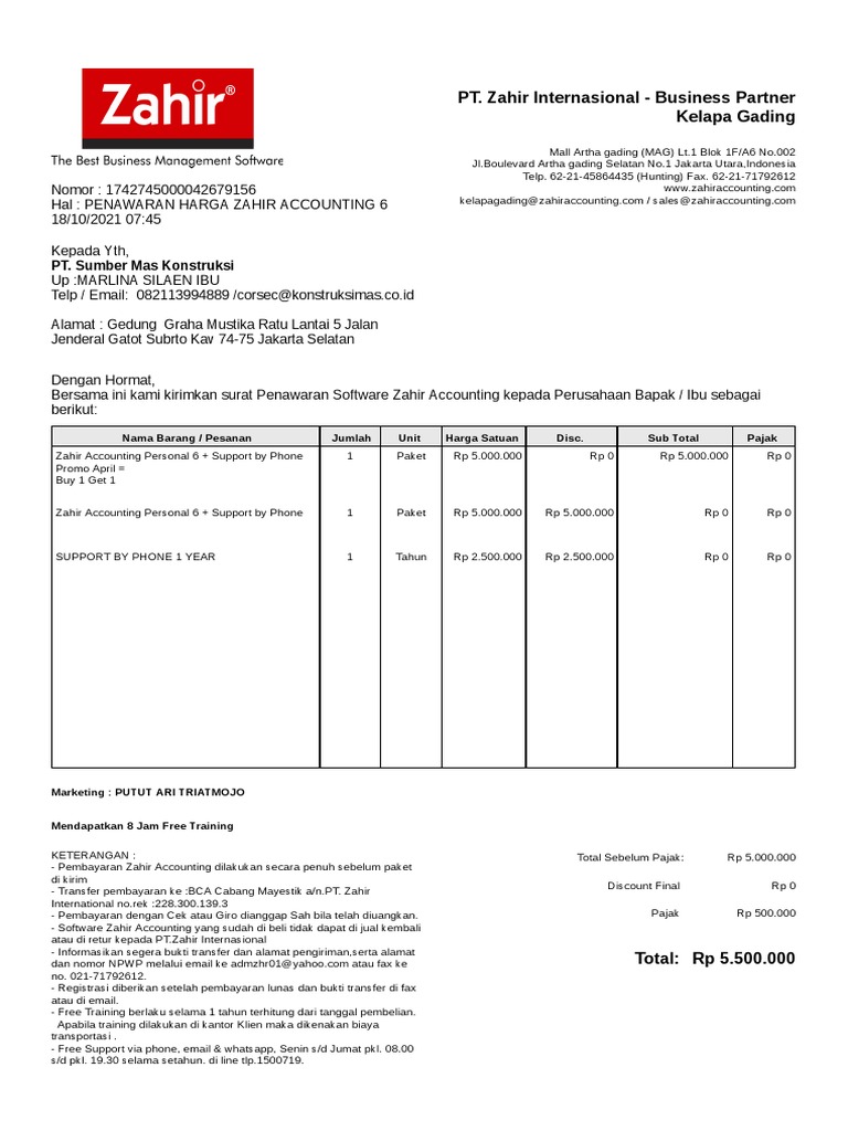 (Edit) QT - Penawaran Harga Zahir Accounting 6 | PDF