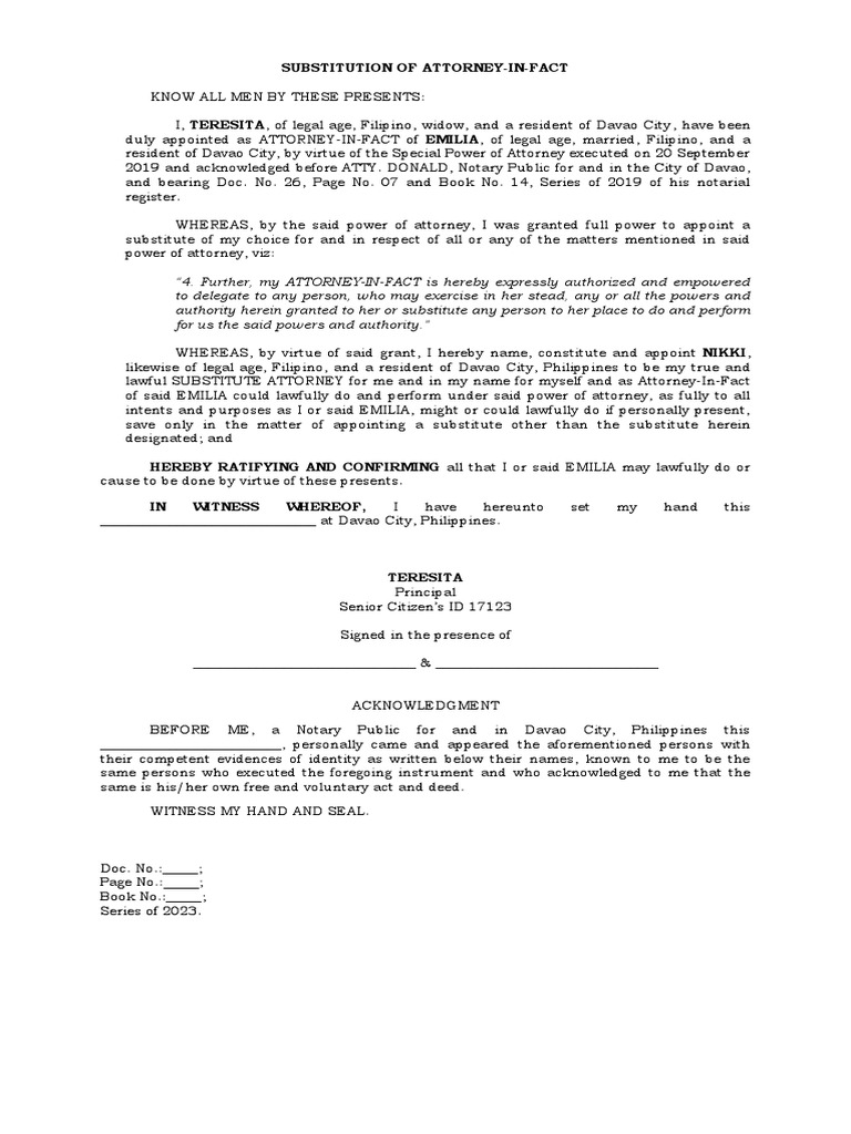 Substitution of Attorney-In-Fact-Sample | PDF | Power Of Attorney ...