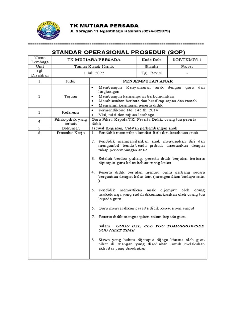 Sop Antar Jemput TK | PDF