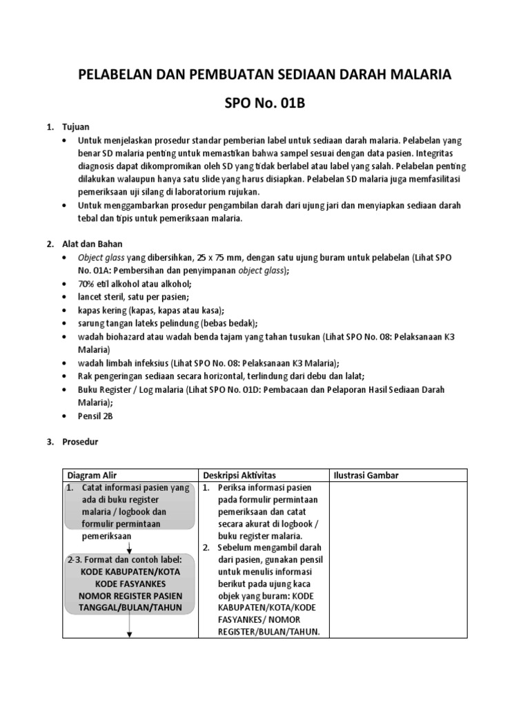 Spo 01b - Pelabelan Dan Pembuatan Sediaan Darah Malaria | PDF