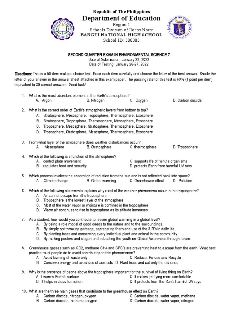 Bangui National High School Second Quarter Exam in Environmental ...