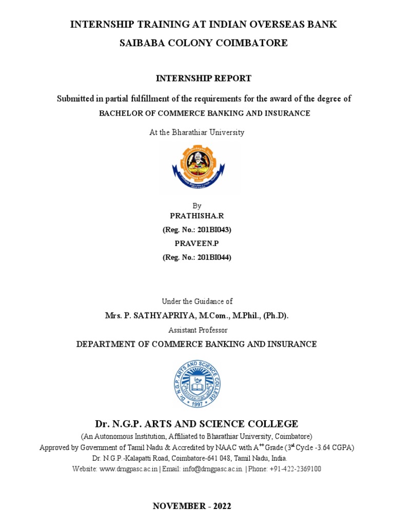 Indian Overseas Bank Internship Front Page | PDF | Academic Degree | Doctor Of Medicine