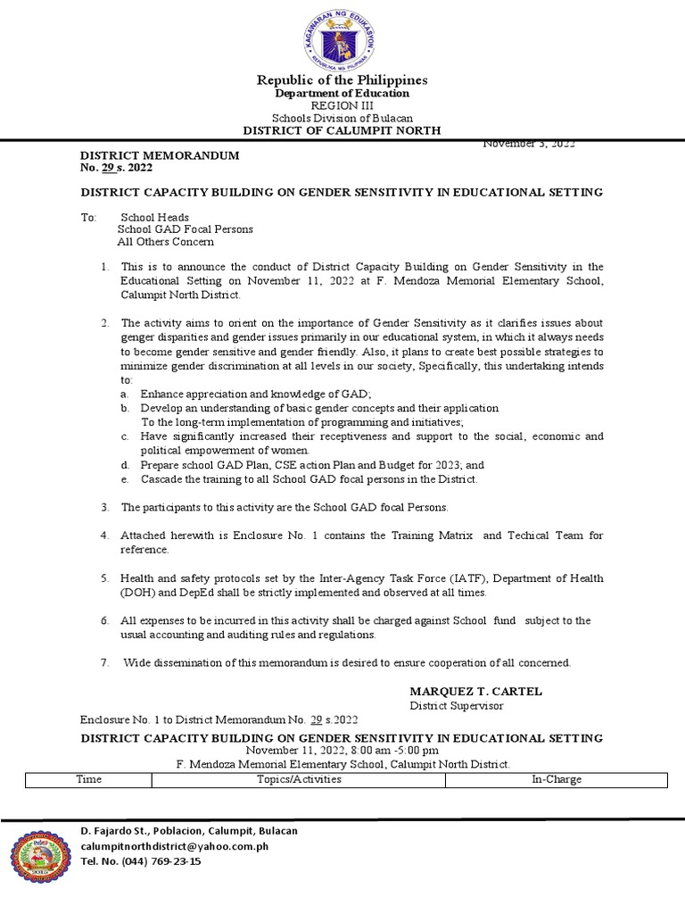 District Memorandum Gender Sensitivity Capacity Building | PDF | Gender ...