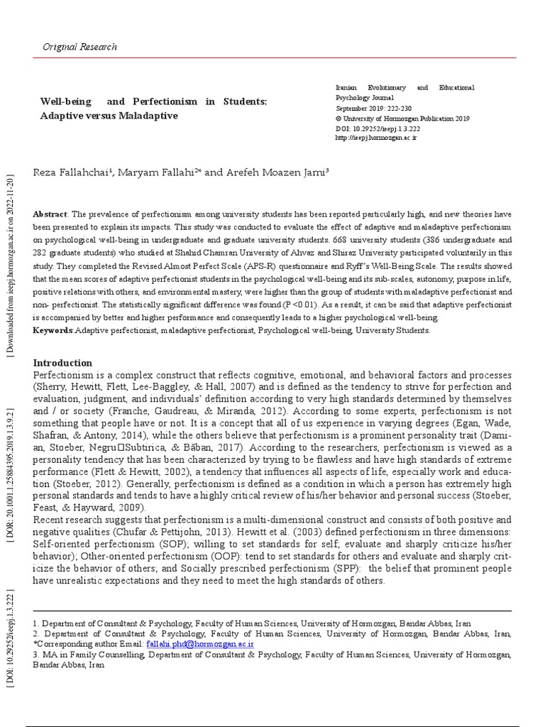 Well-Being and Perfectionism in Students-Adaptive Versus Maladaptive ...