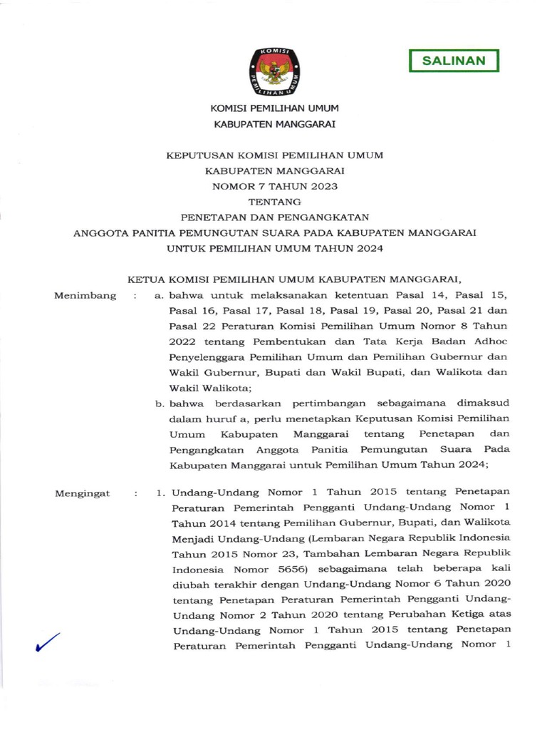 Keputusan Kpu Kab. Manggarai Nomor 7 Tahun 2023 Tentang Penetapan Dan Pengangkatan PPS Pemilu ...