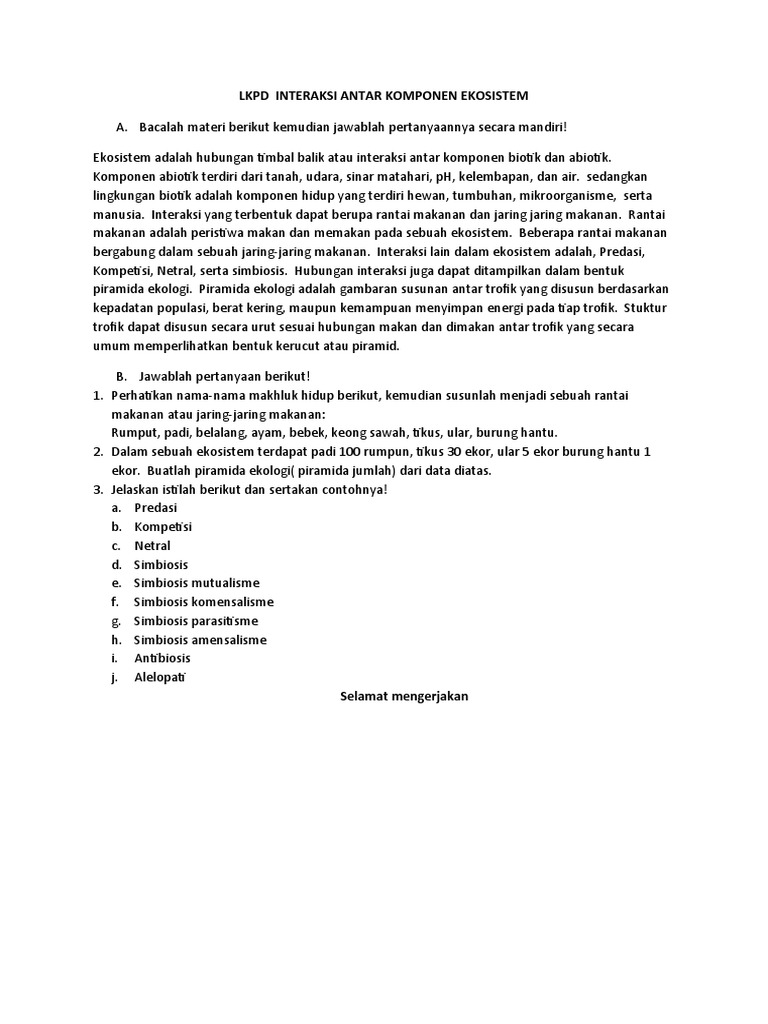 LKPD Interaksi Antar Komponen Ekosistem | PDF