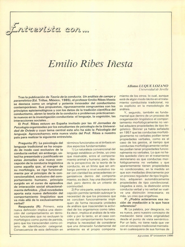 Lozano, A. L. (1986) - Entrevista Con Emilio Ribes Iñesta. Apuntes de ... Lozano, A. L. (1986) - Entrevista Con Emilio Ribes Iñesta. Apuntes de ...