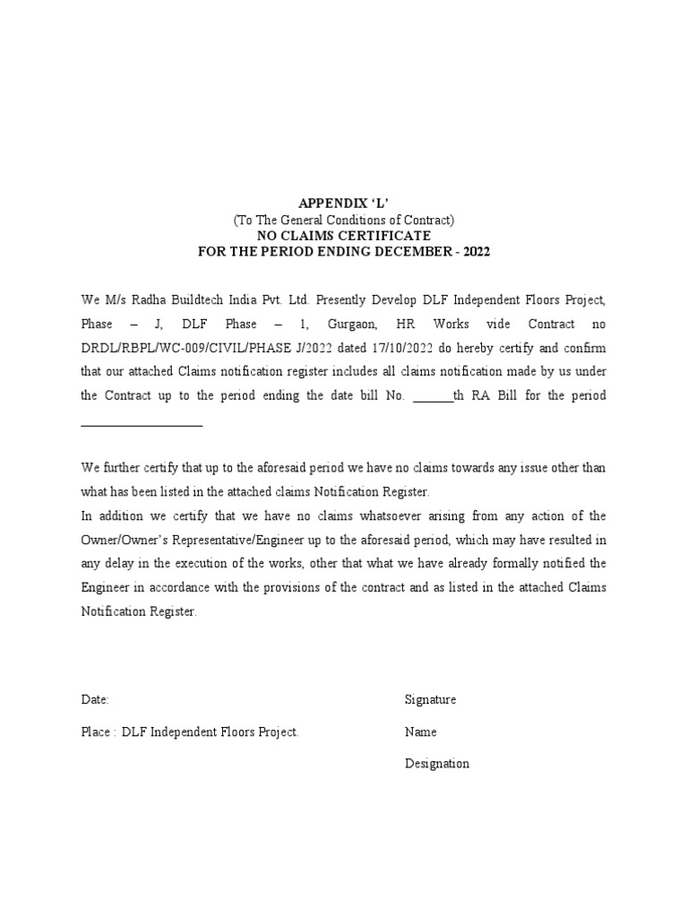 Appendix L No Claim Certificate - J | PDF