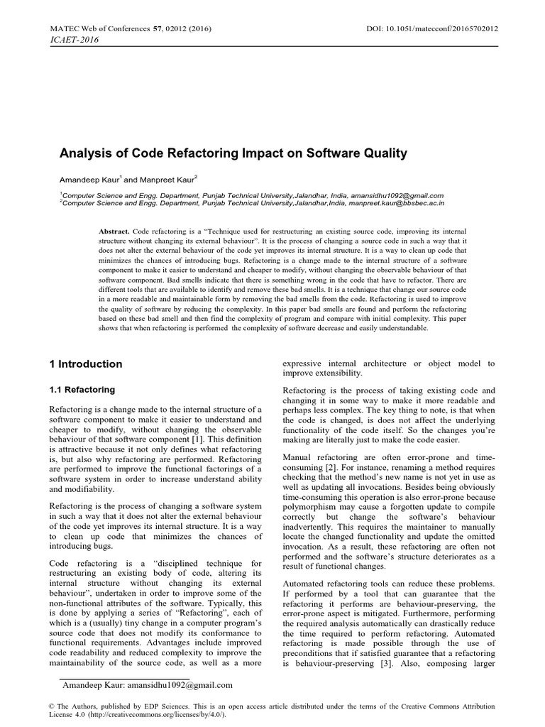 Analysis Of Code Refactoring Impact On Software Qu Pdf Eclipse Software Programming