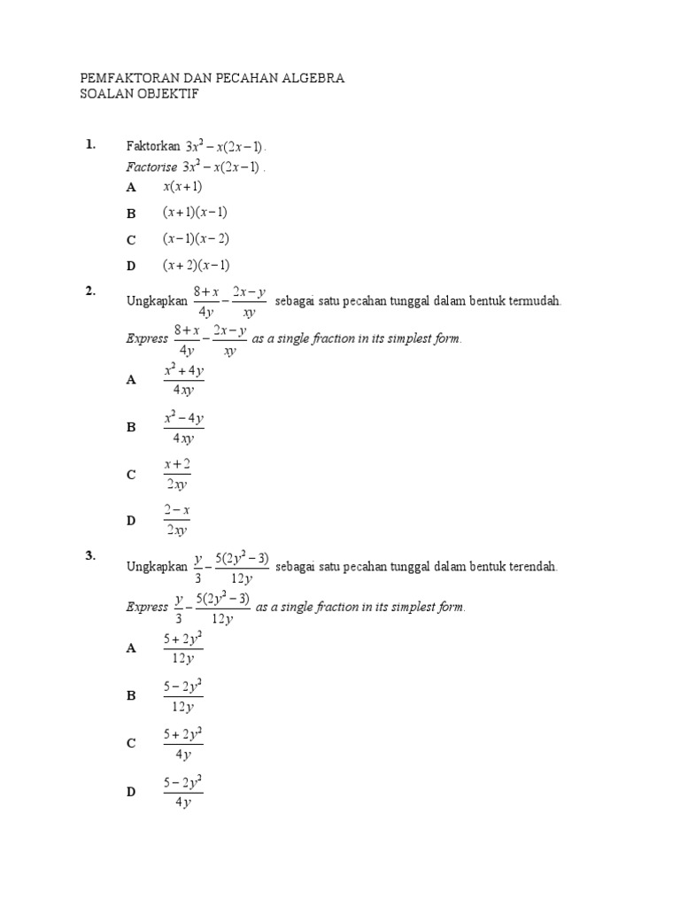 Faktor Dan Gandaan, Pemfaktoran Dan Pecahan Algebra | PDF