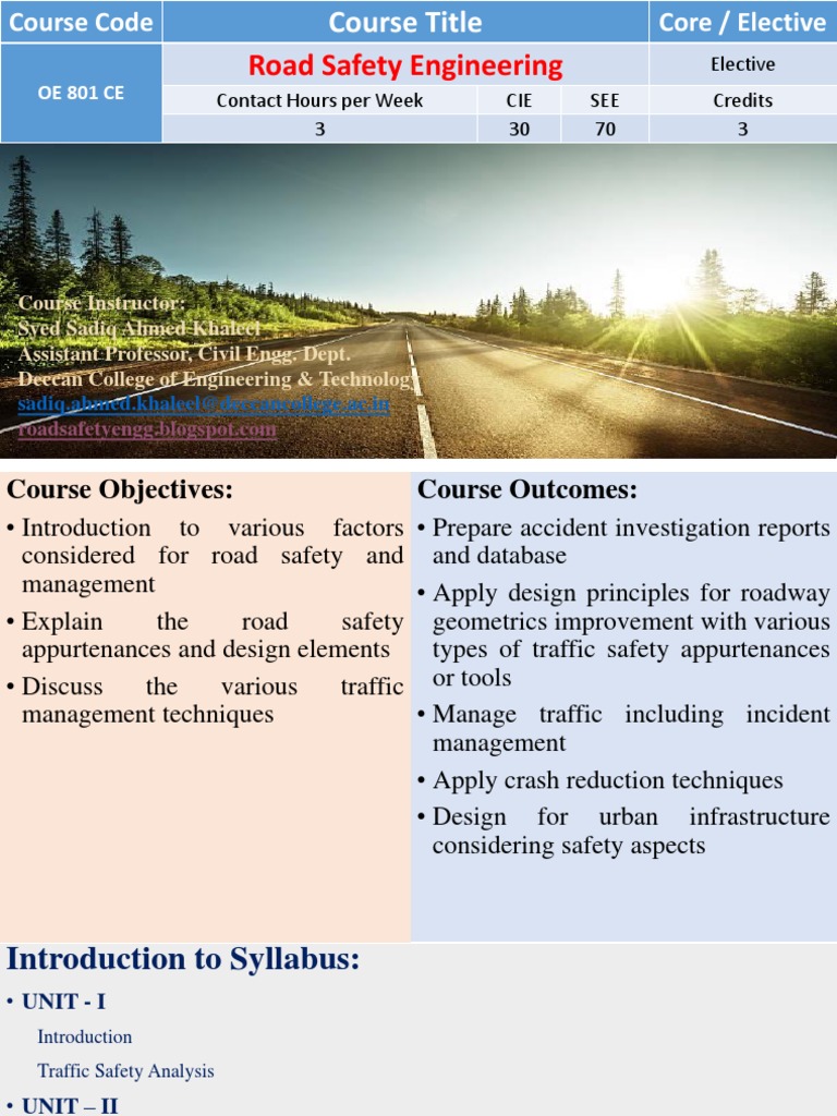 Road Safety Engineering 1 ST Unit Ou Syllabus | PDF | Traffic Collision | Traffic