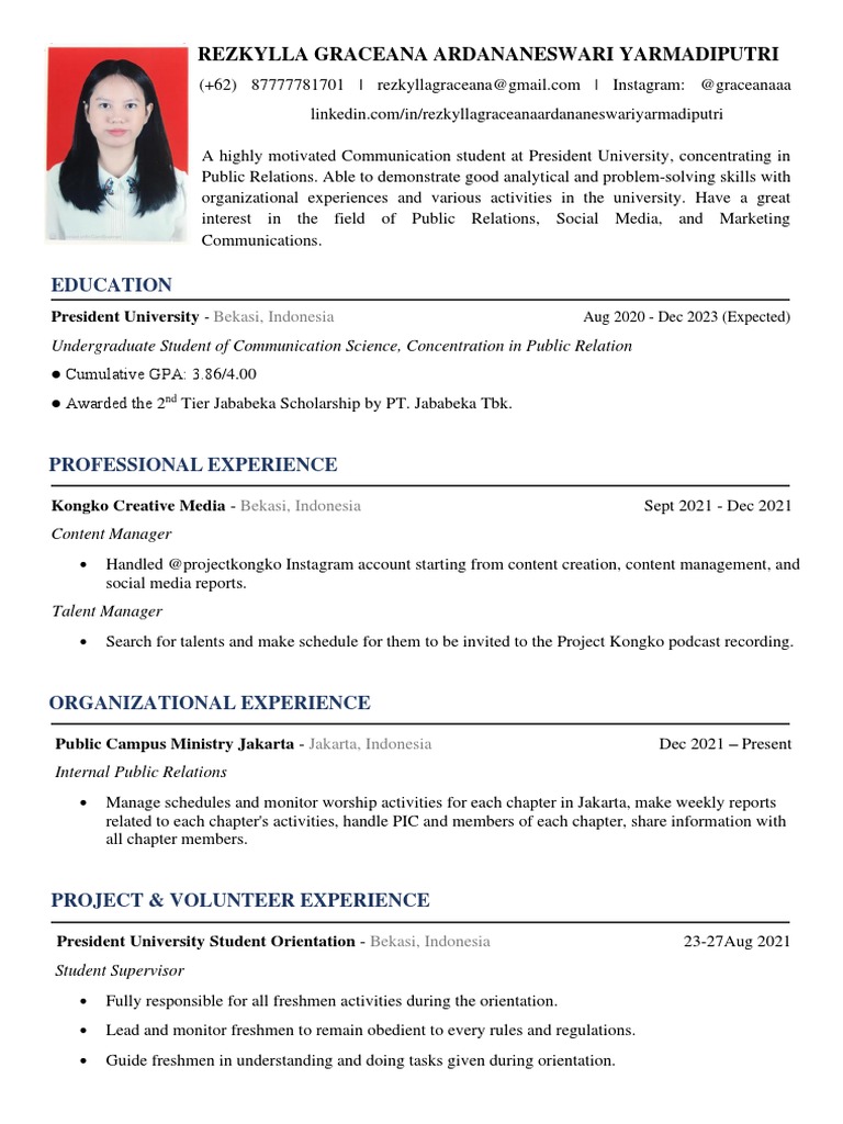Rezkylla Graceana's Resume | PDF | Cognition | Communication