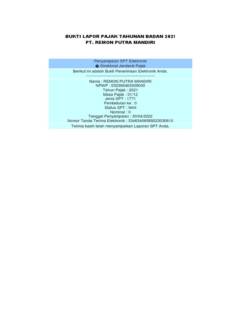 Bukti Lapor Pajak Tahunan PT. RPM 2021 | PDF