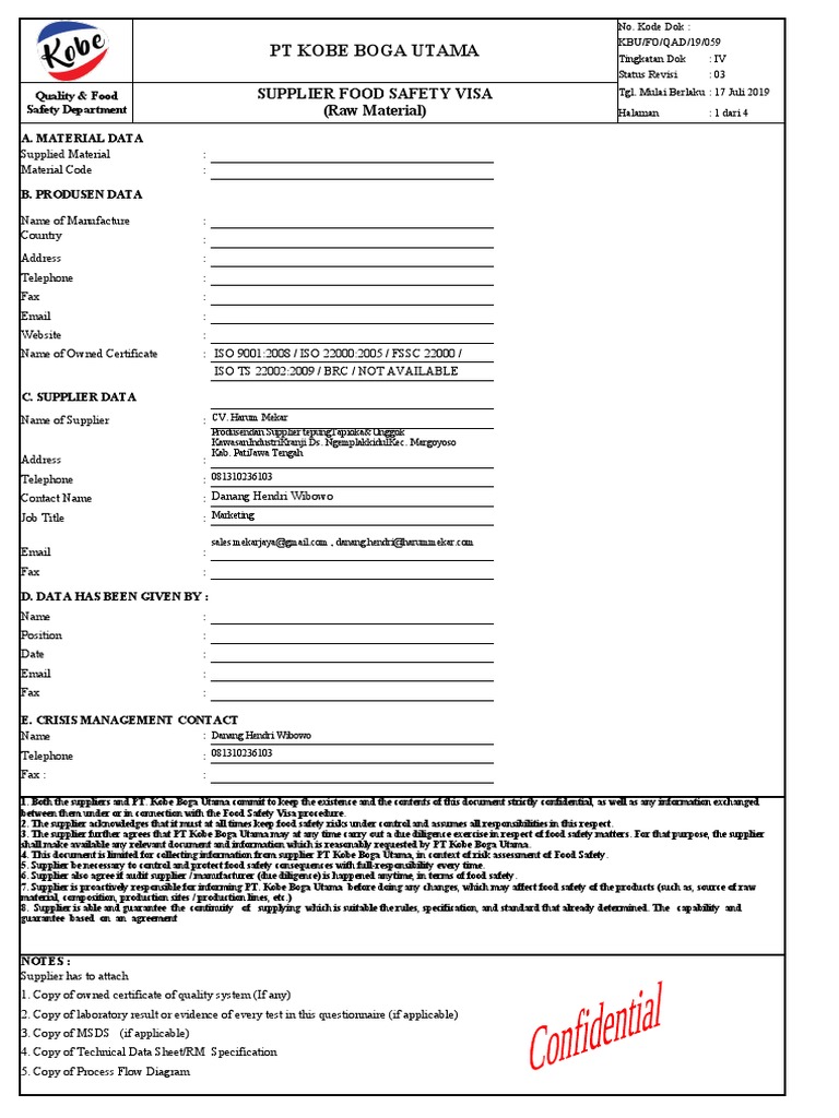 Rev 03 Food Safety Visa Supplier (RM) Protec | PDF | Specification ...