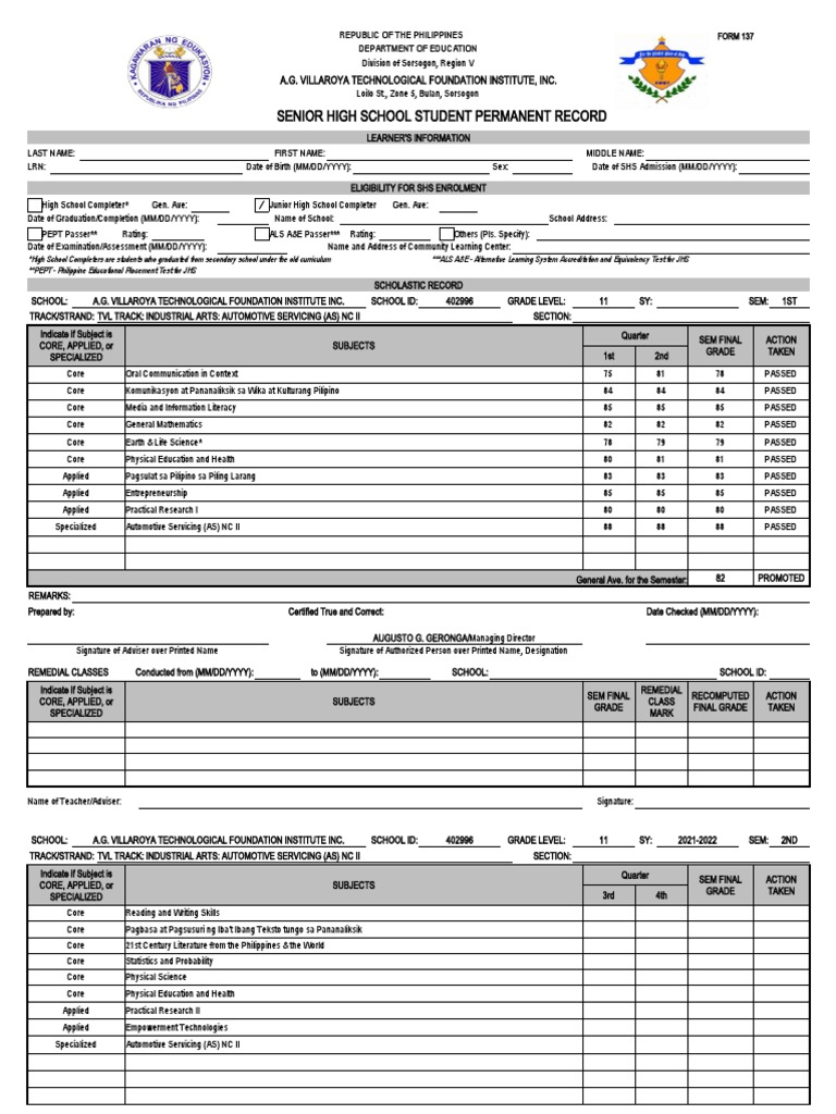 Senior High School Student Permanent Record: A.G. Villaroya ...