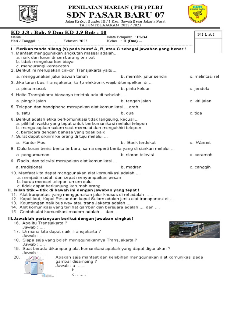 Penilaian Harian Ke-1 PLBJ Bab.9 Dan Bab 10 Kls. 2 Smtr.2 | PDF
