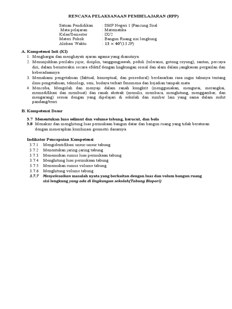 RPP Adiwiyata-Bangun Ruang-Sisi Lengkung | PDF | Sains & Matematika