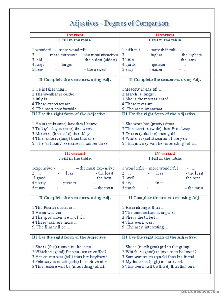 Adjective Comparison Exercises | PDF | Physical Geography | Climate