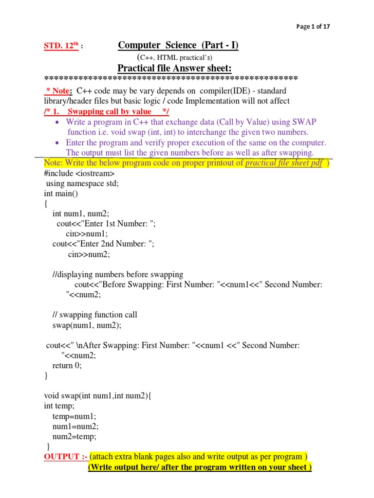 Computer Science (Part - I) Practical File Answer Sheet | PDF | Programming | Computer Program
