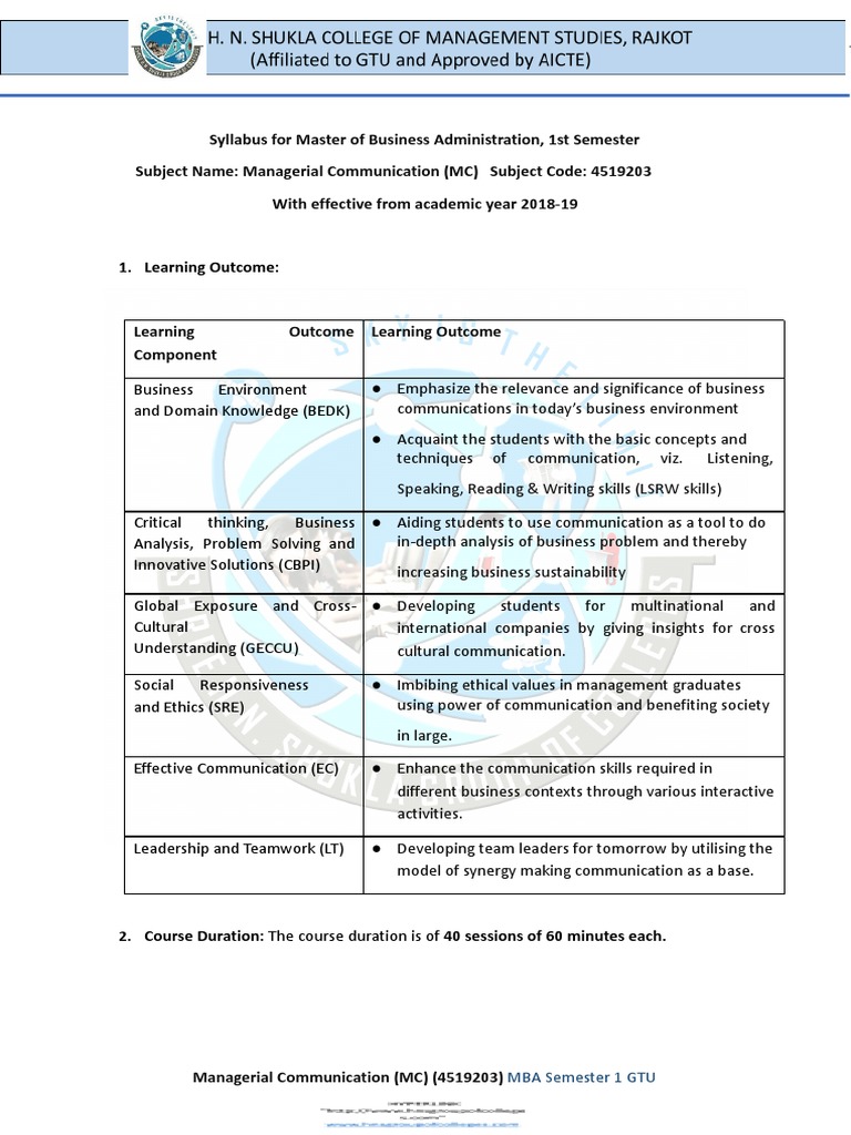 MBA 1st Sem Managerial Communication Syllabus | PDF | Communication ...