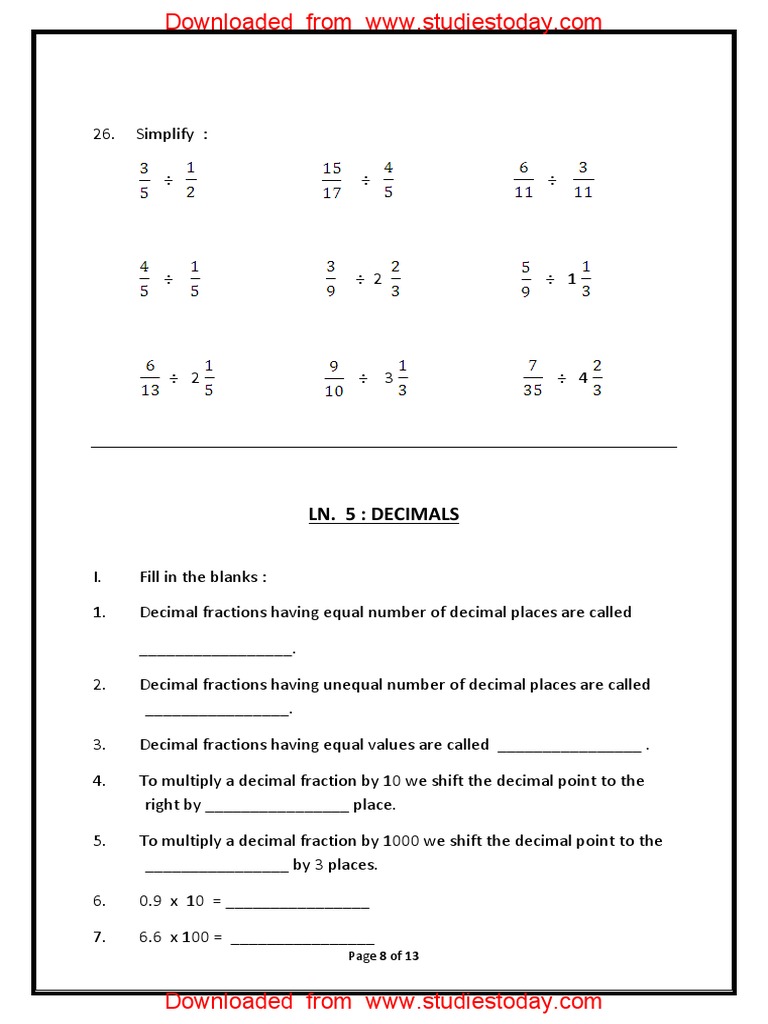 Class 5 Decimal Worksheet Exercises | PDF | Mathematics | Encodings